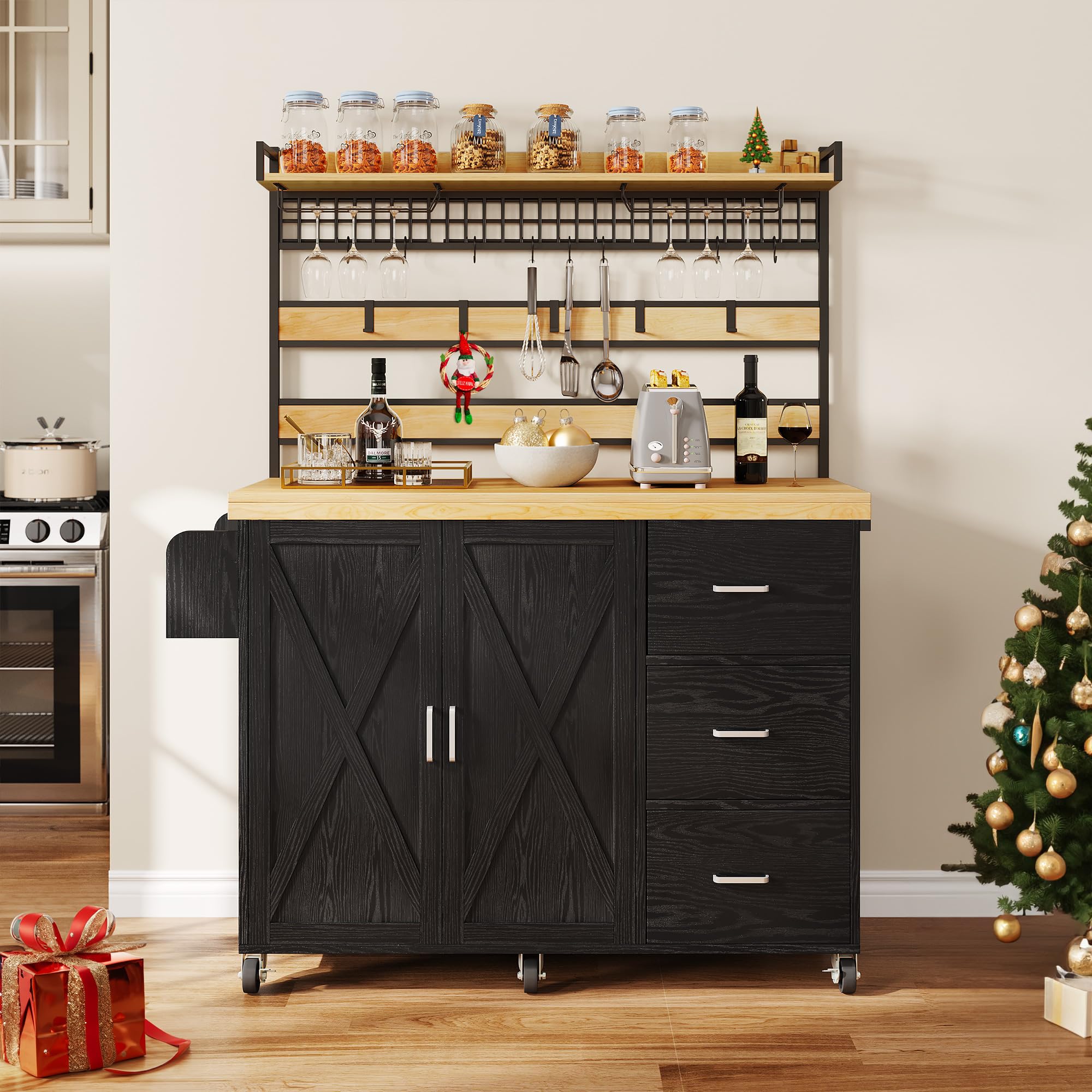 YITAHOME Large Rolling Kitchen Island with Storage Cabinet Drawer Tall Shelf, 53 Inch Big Portable Mobile Baker Rack Cart Movable on Wheels Thick Counter Glass Holder Hooks Spice Rack, Black & Oak