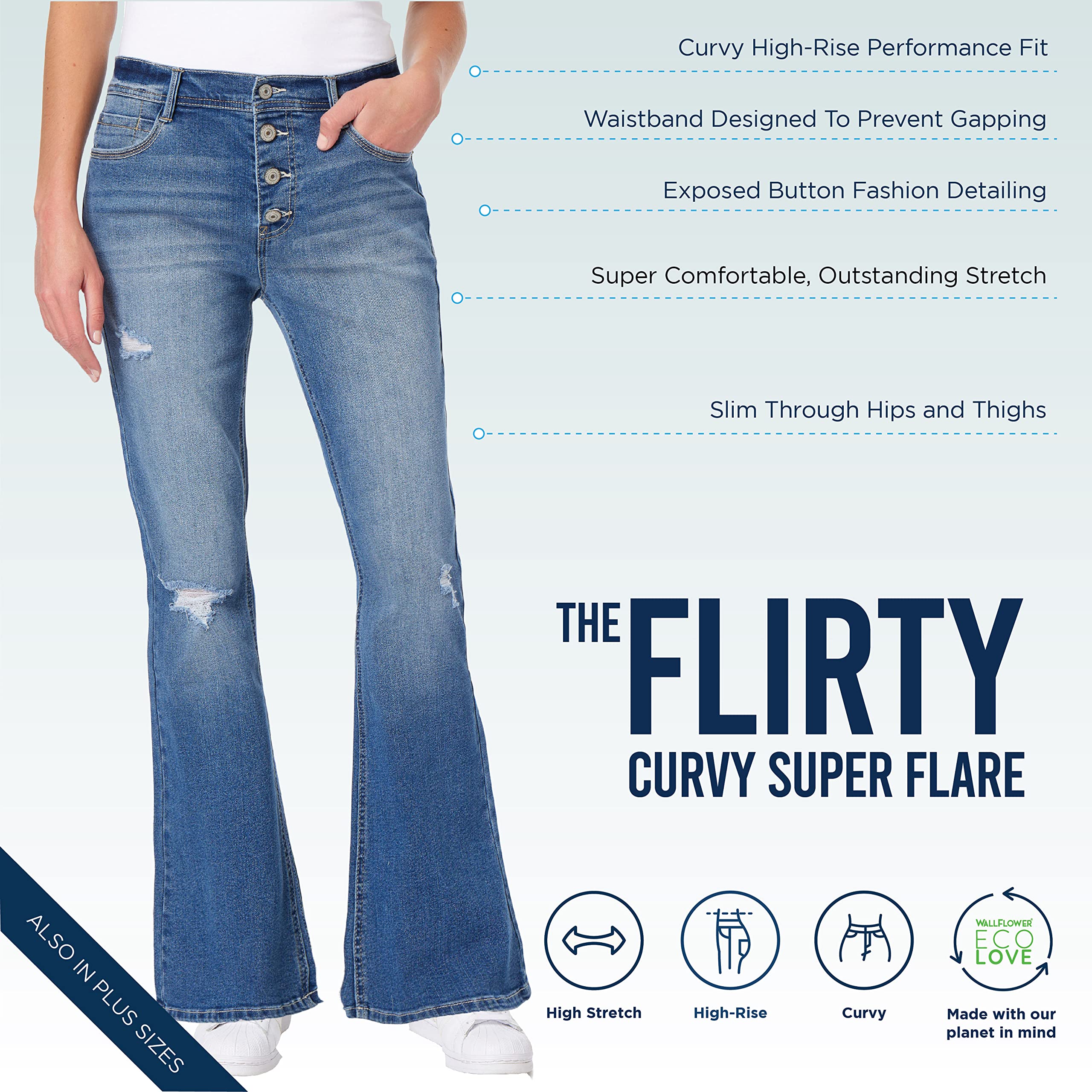 WallFlower Women's Flirty Curvy Flare High Rise Insta Stretch Juniors Jeans (Standard and Plus), Gemma, 17