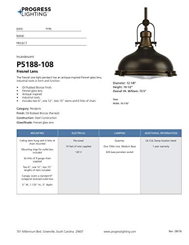 Progress Lighting P5188-108 Fresnel Lens Pendants, Bronze