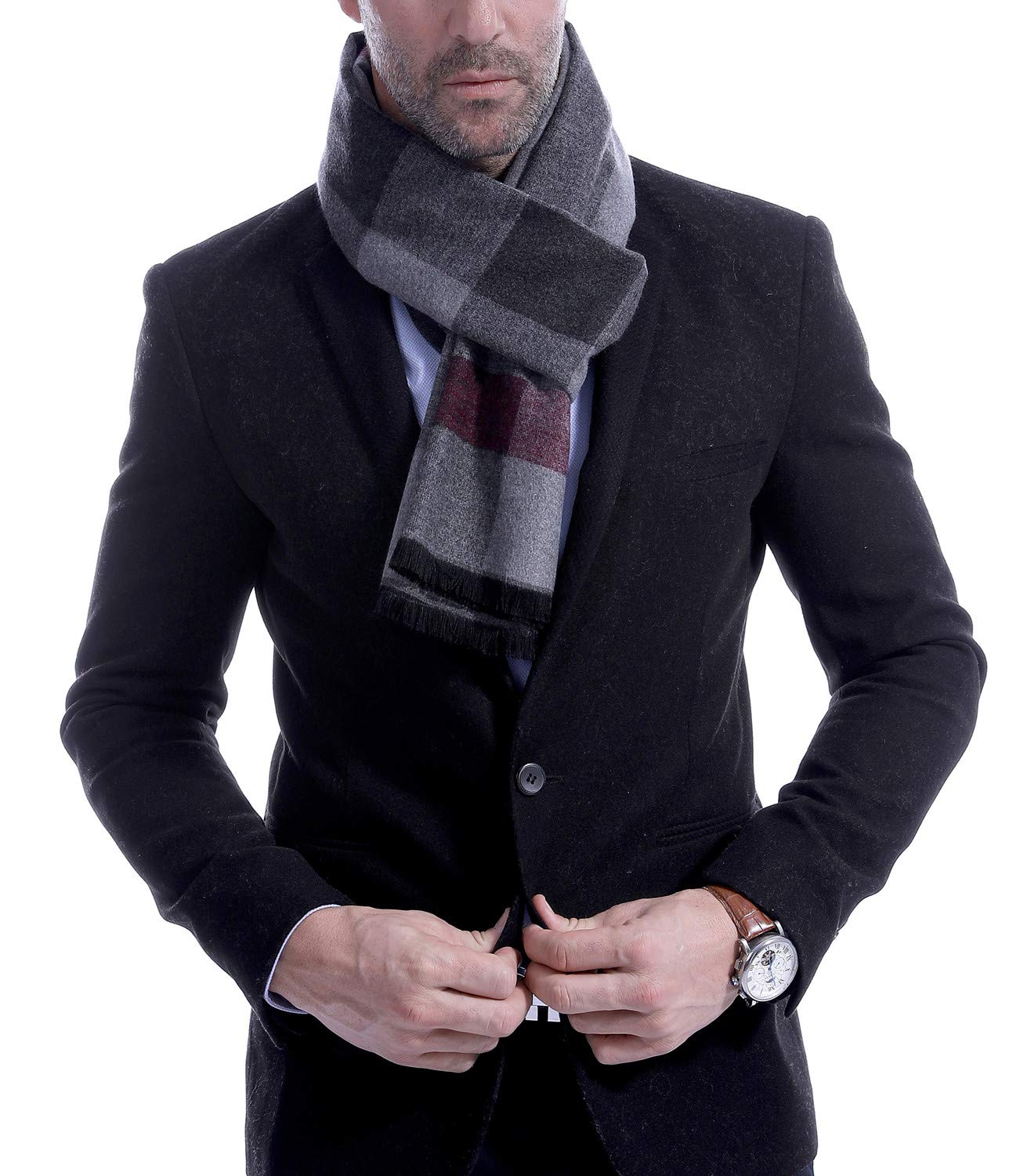 VEXTROFORT Men's Winter Scarf, Soft Long Cashmere Feel Scarves for Men with Fringes Tartan - Grey Black Red Plaid