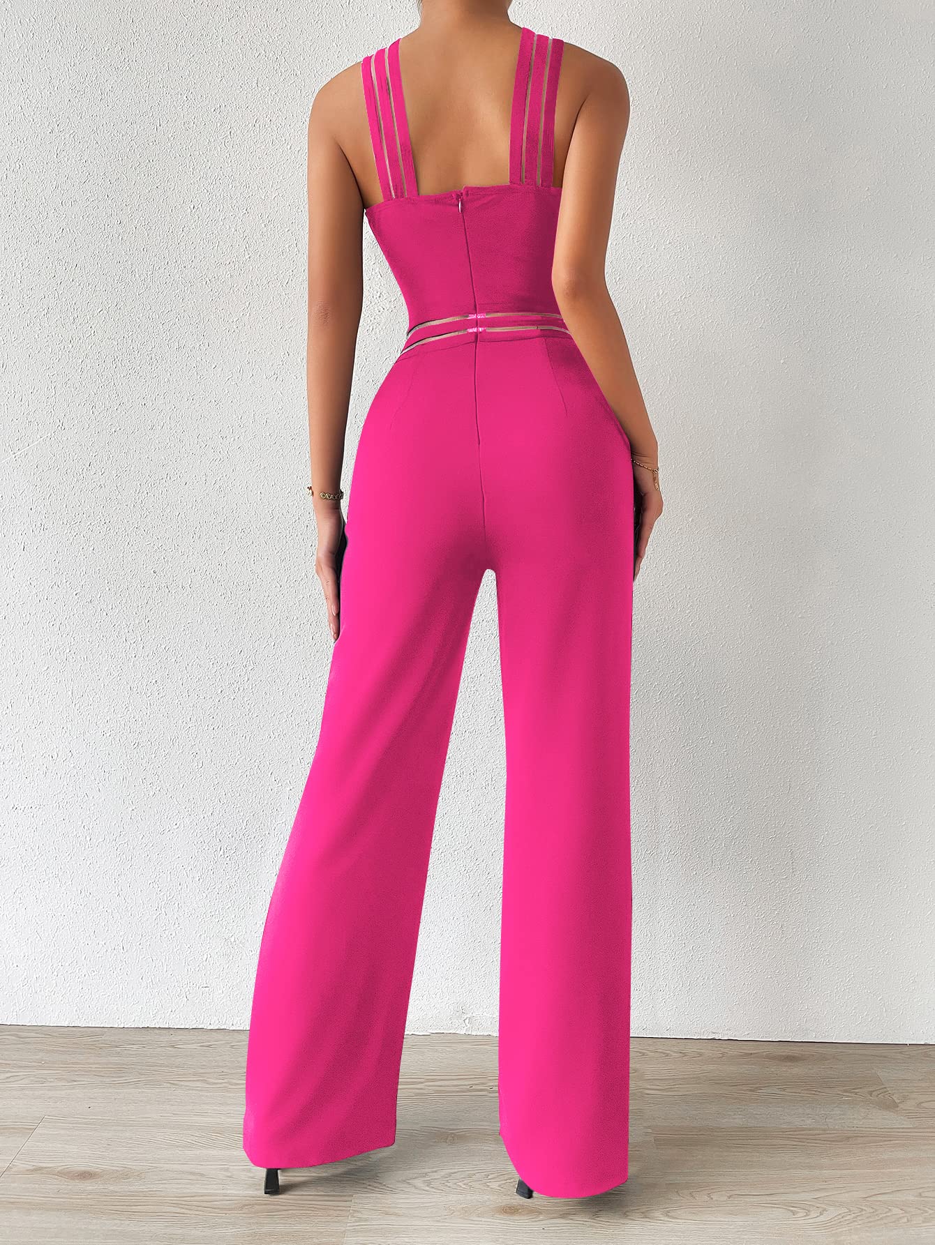 WDIRARA Women's Sleeveless Halter Tied Backless High Waist Belted Wide Leg Pants Elegant Jumpsuit Rompers Plain Hot Pink L