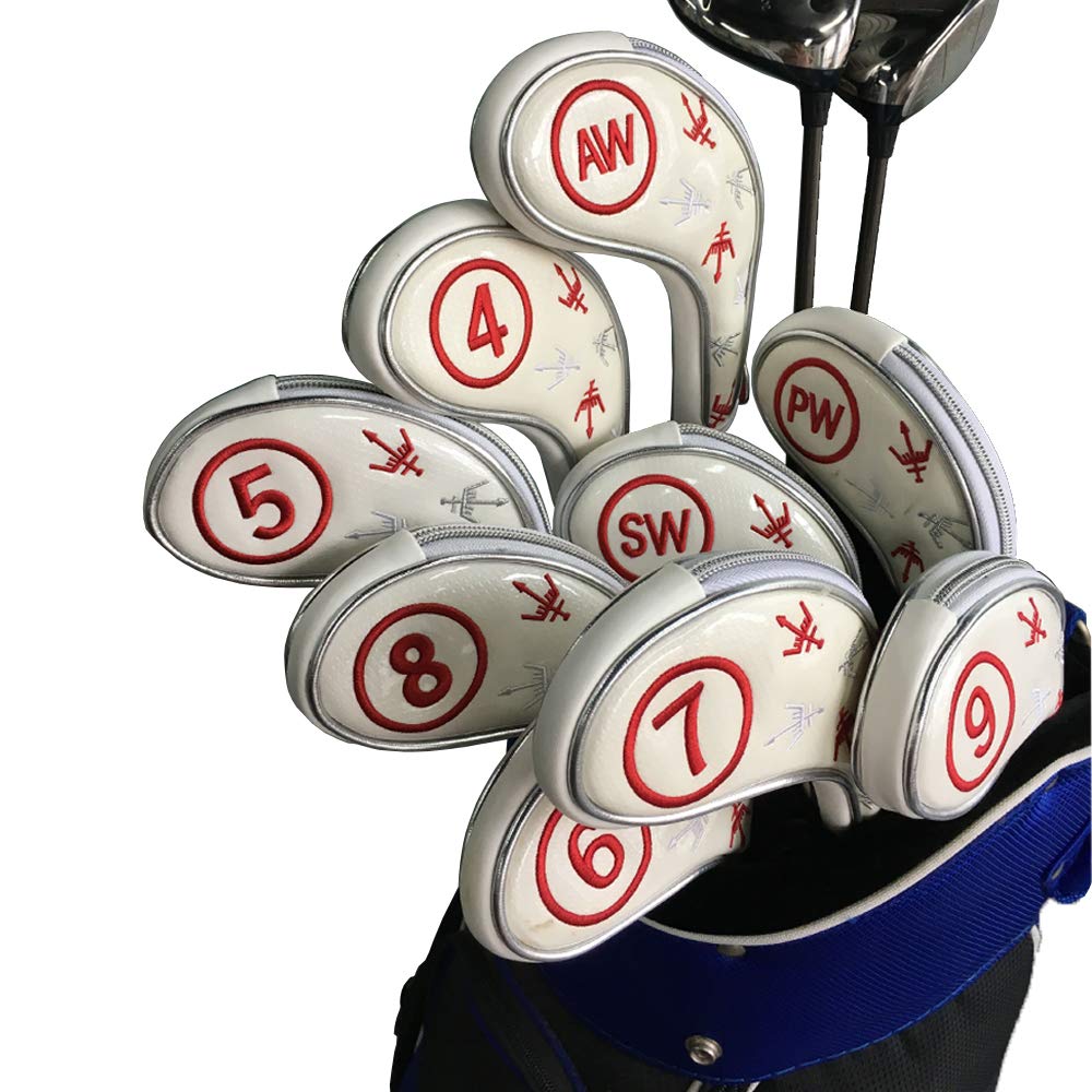 SUNBRO Golf 9pcs (4,5,6,7,8,9,A,P,S) Enamel Luxury Embroidery Greek Culture Poseido Trident Golf Iron Cover Headcovers Head Cover Set Suitable for Right & Left Handed Zipper Closure (WhiteRed)