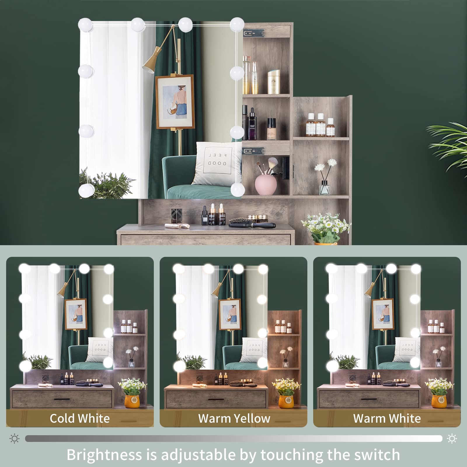 VINGLI Vanity Desk with Sliding Mirror & Lights & Charging Station & Drawers & Shelves & Door, Farmhouse Modern Makeup Vanity Set with Stool (Rustic Gray, 39'' x 16'' x 63'', Bench included)