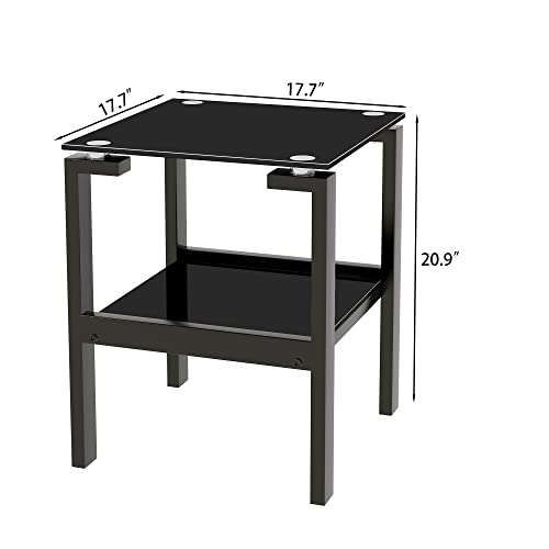 Tidyard Black Tempered Glass End Table with 2 Layer, Small Side Table Sofa End Side Table, Bedside Nightstand for Living Room Bedroom Kitchen Bathroom