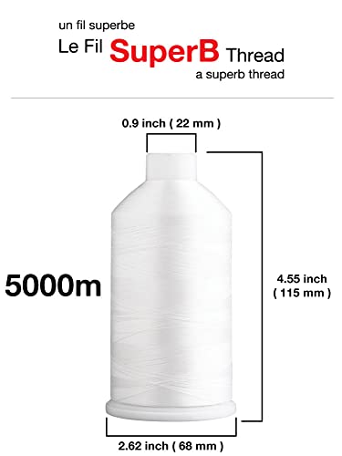 Super B Polyester Embroidery Thread, 40wt Large Spool 5000m, Embroidery Thread for Commercial & Domestic Machine, 175 Popular Colors Machine Embroidery Thread, 100% Polyester - White 010