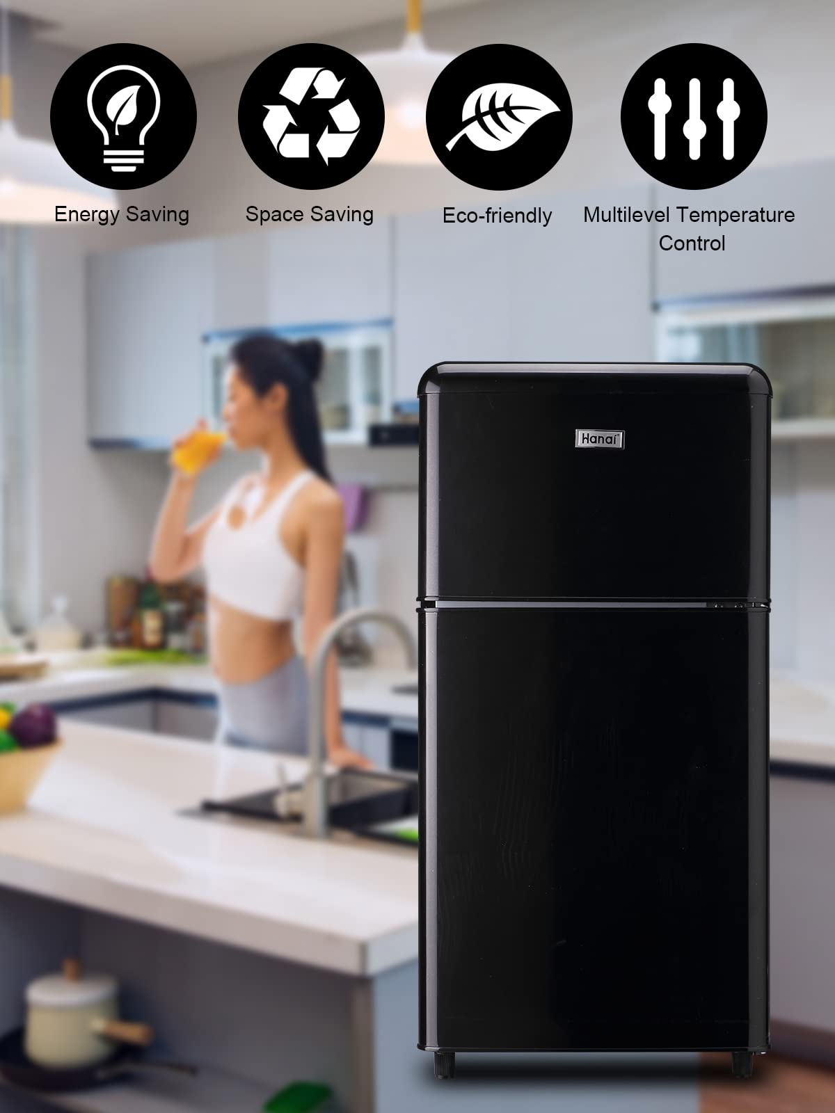 WANAI Compact Refrigerator 3.5 Cu.Ft Retro Black Fridge With Freezer 2 Door Mini Refrigerator with 7 TEMP Modes, LED Lights, Removable Shelves, Ideal for Apartment Dorm and Office, Black
