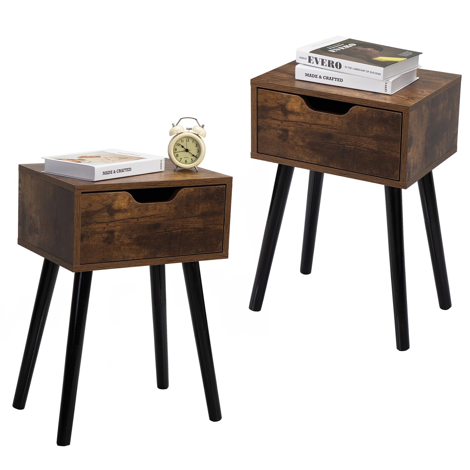 Tidyard Set of 2 Mid Century Wood Side Table, End Table with 1 Storage Drawer, Nightstand for Bedroom Living Room, Rustic Brown and Black