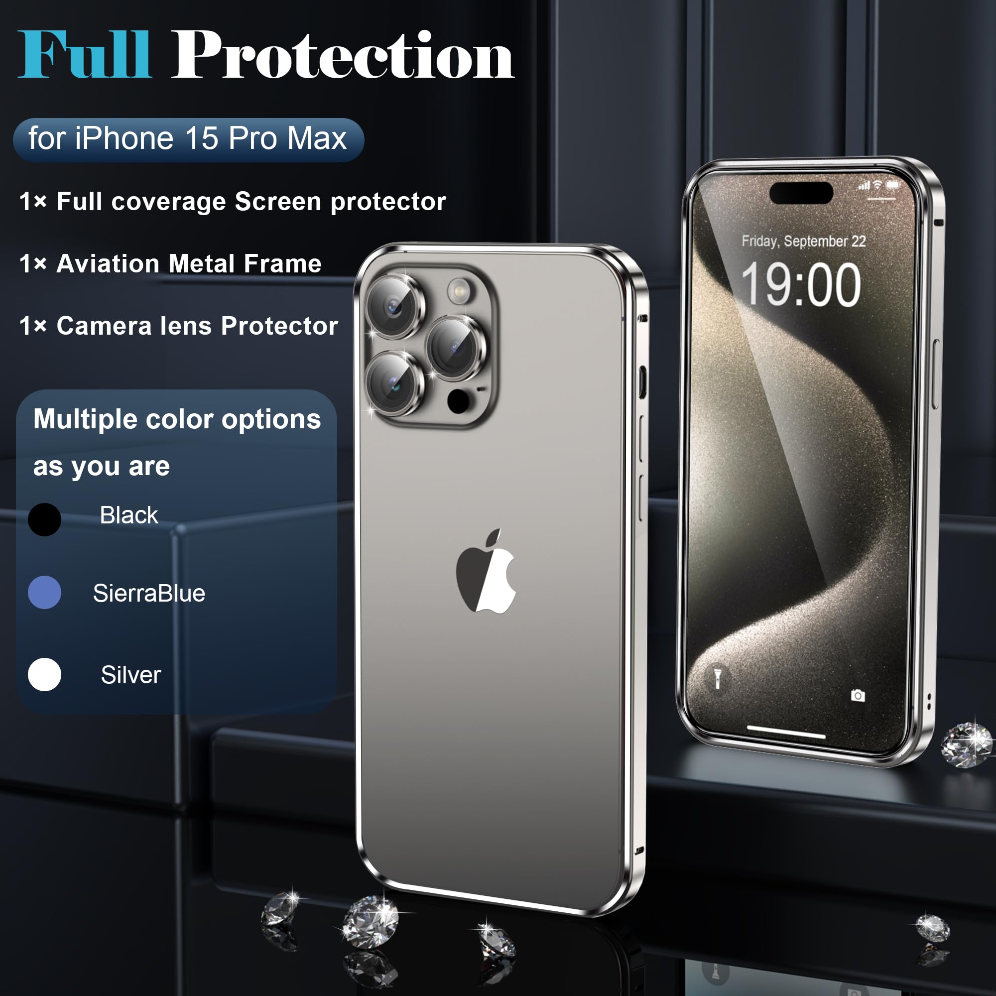 YMHML 3 in 1 Case for iPhone 15 Pro Max Titanium Frame with Screen Protector and Camera Lens Protector Tempered Glass, Metal Bumper Slim Hard Edge Full Drop Protection Accessories, Natural Titanium