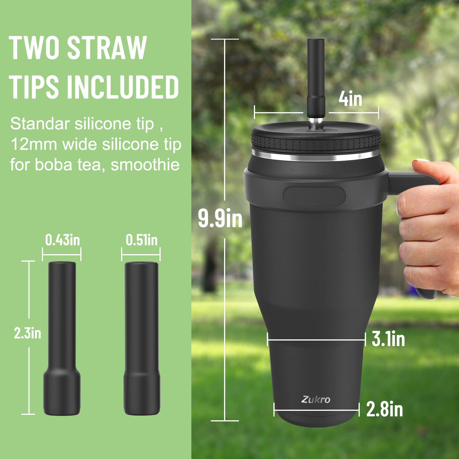 Zukro 40 oz Tumbler with Handle and Straw Lid, Leak Proof Vacuum Insulated Stainless Steel Water Bottle, Fit in Cup Holder, No Sweat, Keeps Drinks Cold 24 Hours, BPA Free, Dishwasher Safe - Black