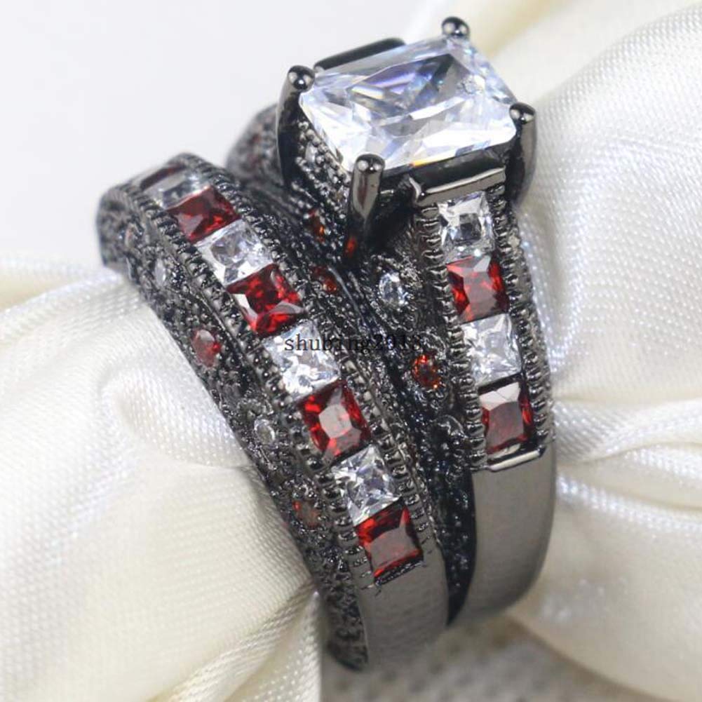 Wedding Ring Set Two Rings His Hers Couples Rings Women's Black Gold Filled White CZ Wedding Engagement Ring Bridal Sets & Men's Stainless Steel Wedding Band