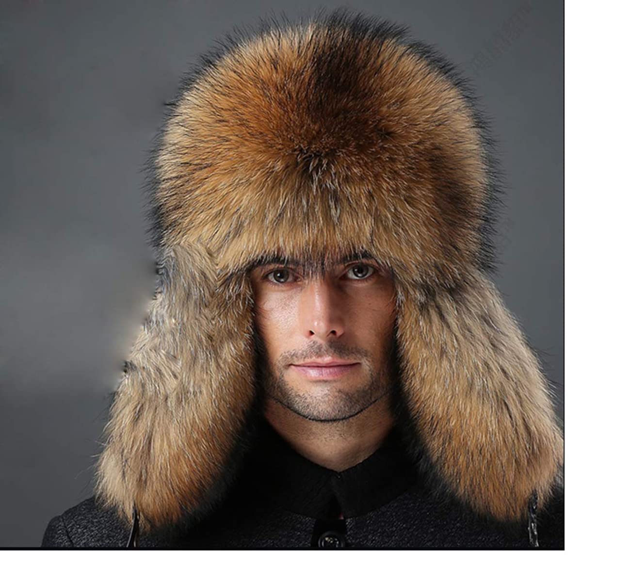 XUYUZUAU Mens Fox Hair Hat Winter Genuine Sheepskin Russian Ushanka Hats Natural Brown