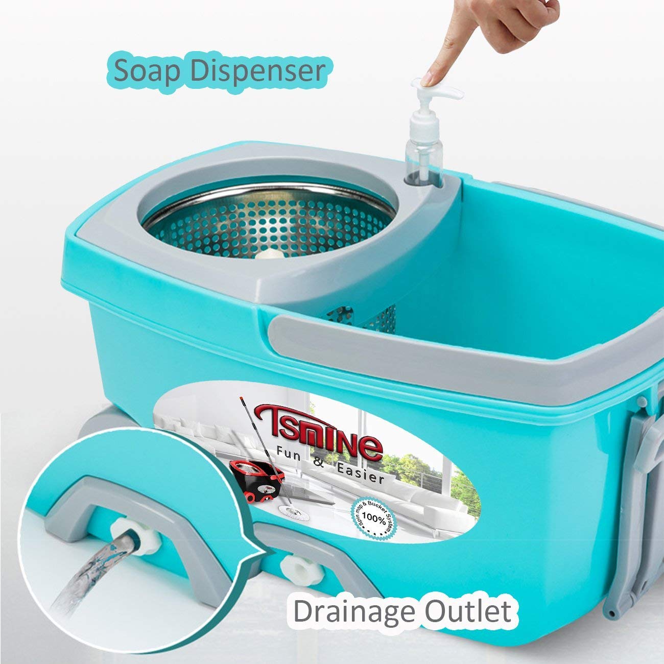 Tsmine Spin Mop Bucket System Stainless Steel Deluxe 360 Spinning Mop Bucket Floor Cleaning System with 6 Microfiber Replacement Head Refills,61" Extended Handle, 2X Wheel for Home Cleaning - MINT