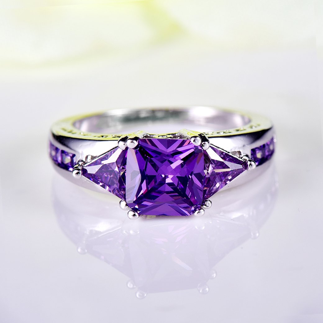 Veunora Silver Plated Princess Cut Created Amethyst Cubic Zirconia Filled Dainty Ring for Women Size 10