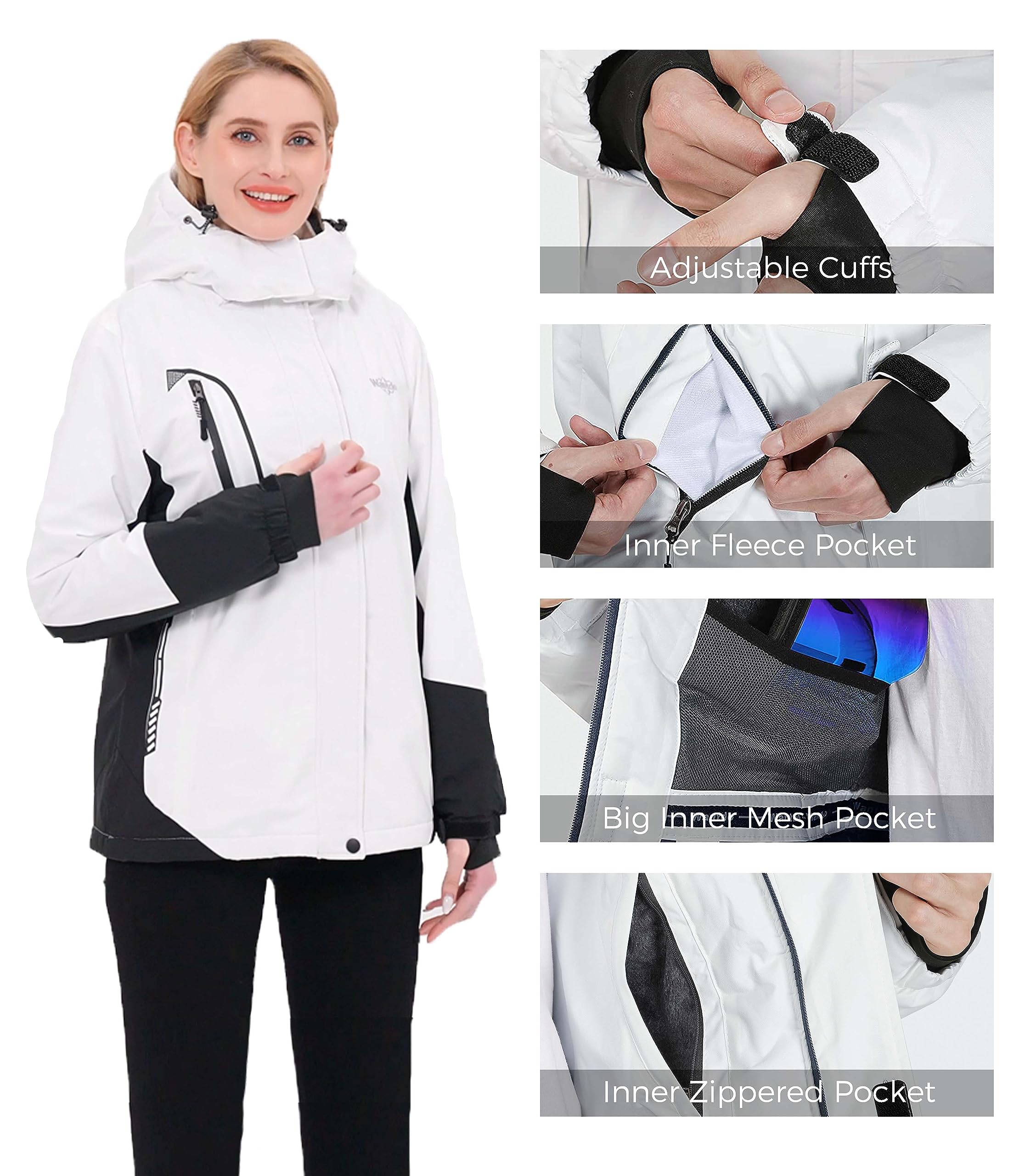 wantdo Women's Warm Winter Coat Waterproof Ski Snowboarding Jacket White & Black Large