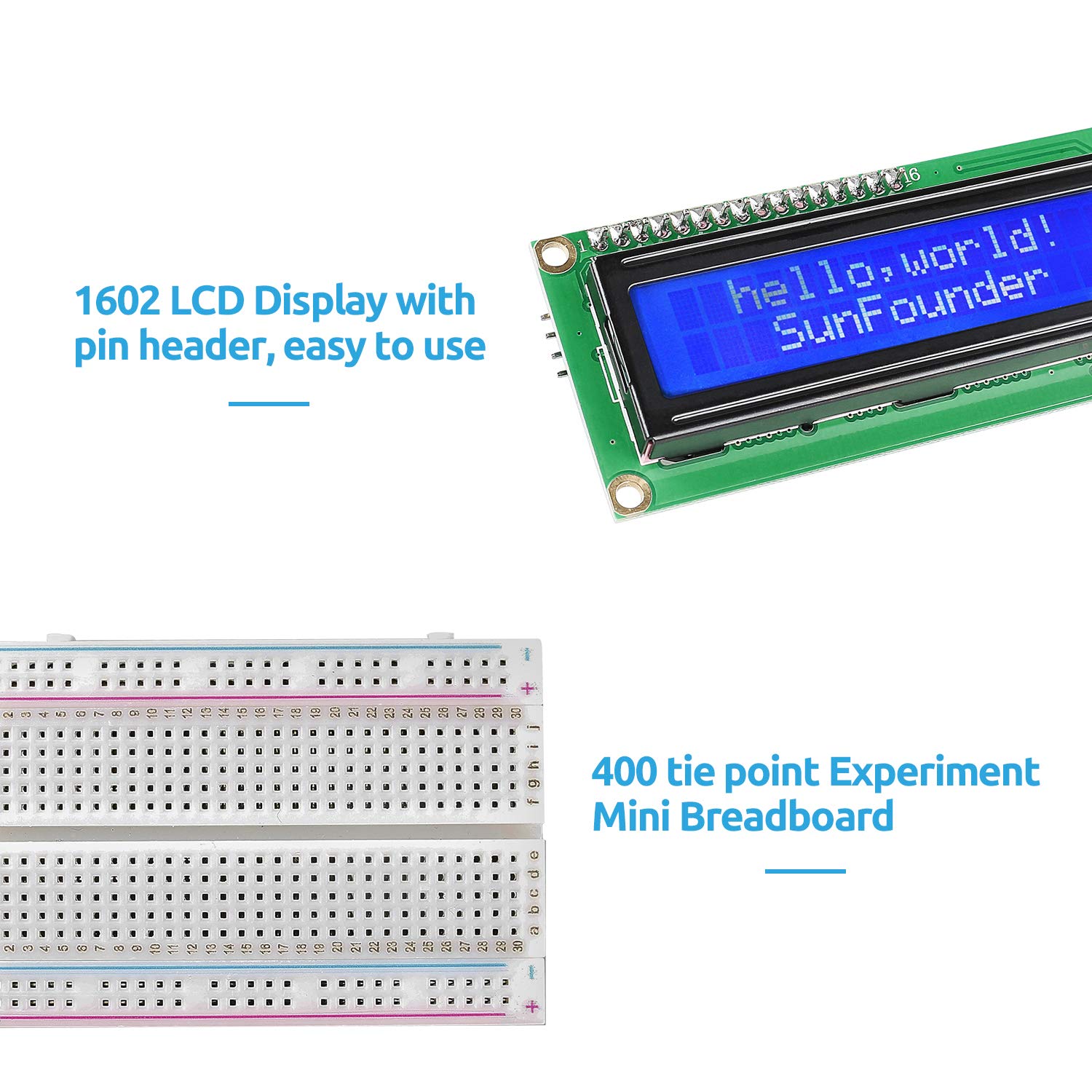SunFounder Electronics Fun Kit with 1602 LCD Module, breadboard, LED, Resistor Compatible with Arduino UNO R3 MEGA2560 Raspberry Pi 400 4B 3B 3B+ 2B 2B+