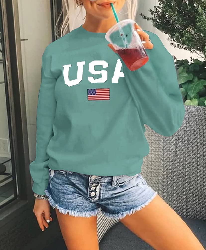Women Long Sleeve Sweatshirt USA Flag Print Graphic Shirts Crew Neck America Pullovers Tops Blue Green Large