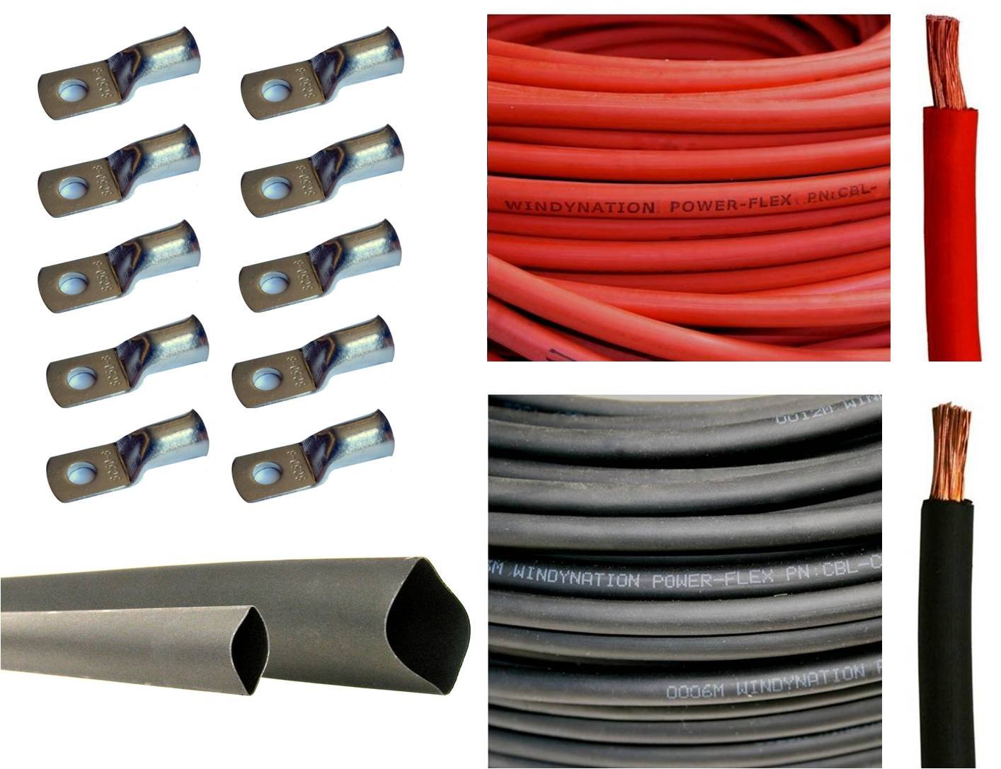 WindyNation WNI 2 AWG 2 Gauge 20 Feet Black + 20 Feet Red Battery Welding Pure Copper Ultra Flexible Cable + 5pcs of 5/16" & 5pcs 3/8" Copper Cable Lug Terminal Connectors + 3 Feet Heat Shrink Tubing