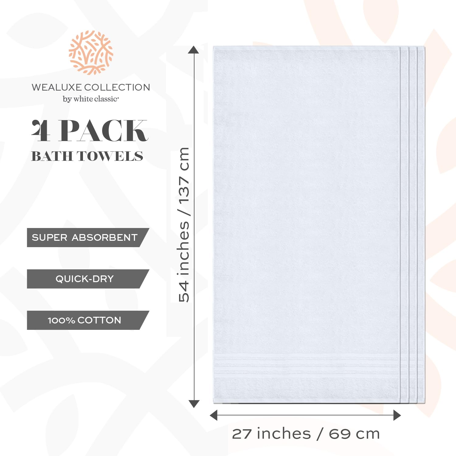 Wealuxe White Bath Towels 27x54 Inch, Cotton Towel Set for Bathroom, Hotel, Gym, Spa, Soft Extra Absorbent Quick Dry 4 Pack