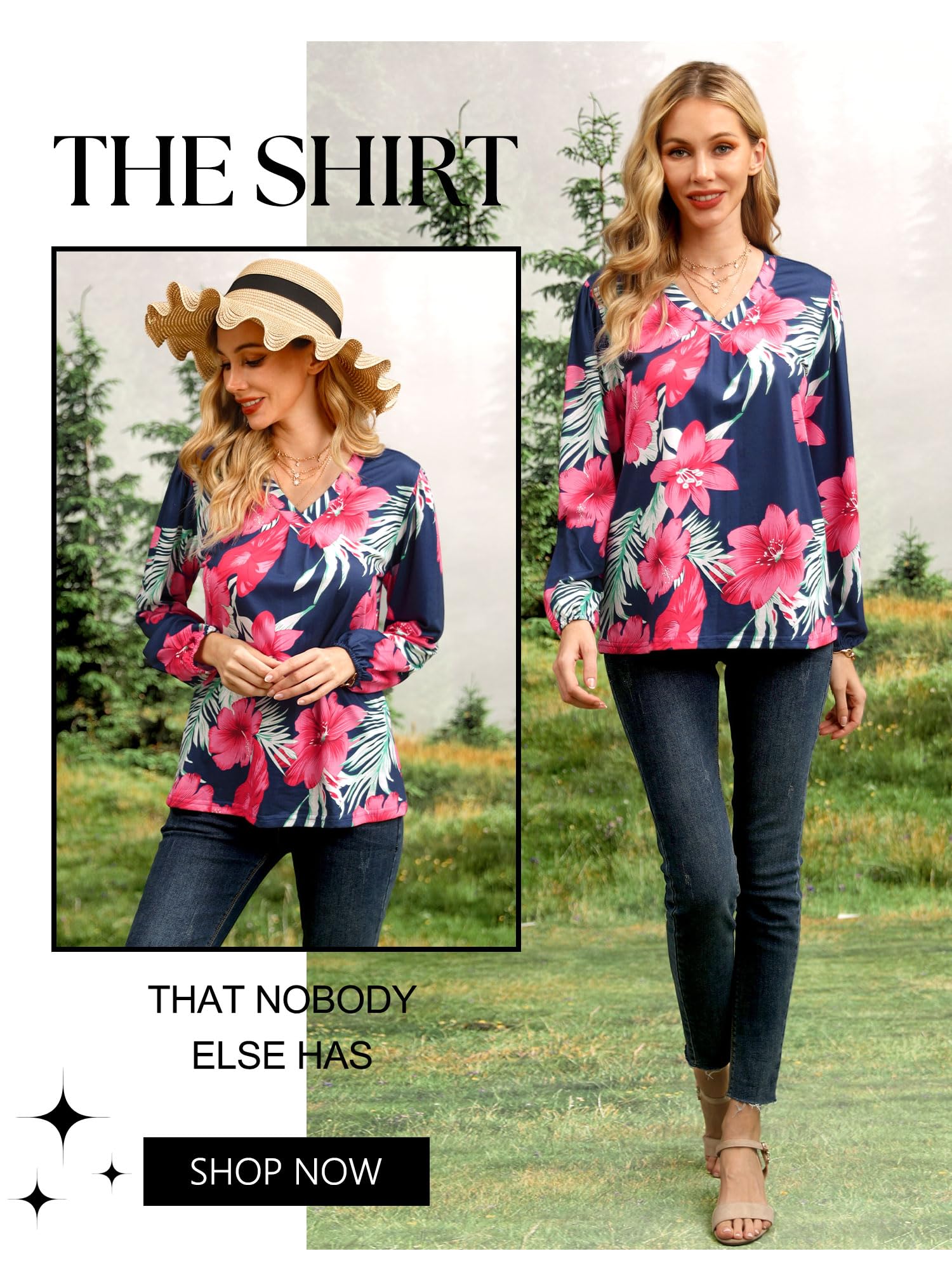 ZXZY Womens Hawaiian Shirt Vintage Leaf Floral Printed Tropical Tops V Neck Puff Long Sleeves Shirts Blue