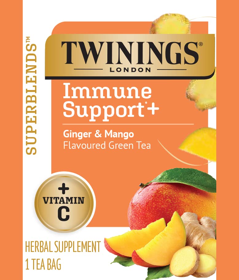 Twinings Superblends Immune Support+ Herbal Tea with Vitamin C, Ginger & Mango Flavoured Green Tea, 16 Tea Bags (Pack of 6), Enjoy Hot or Iced