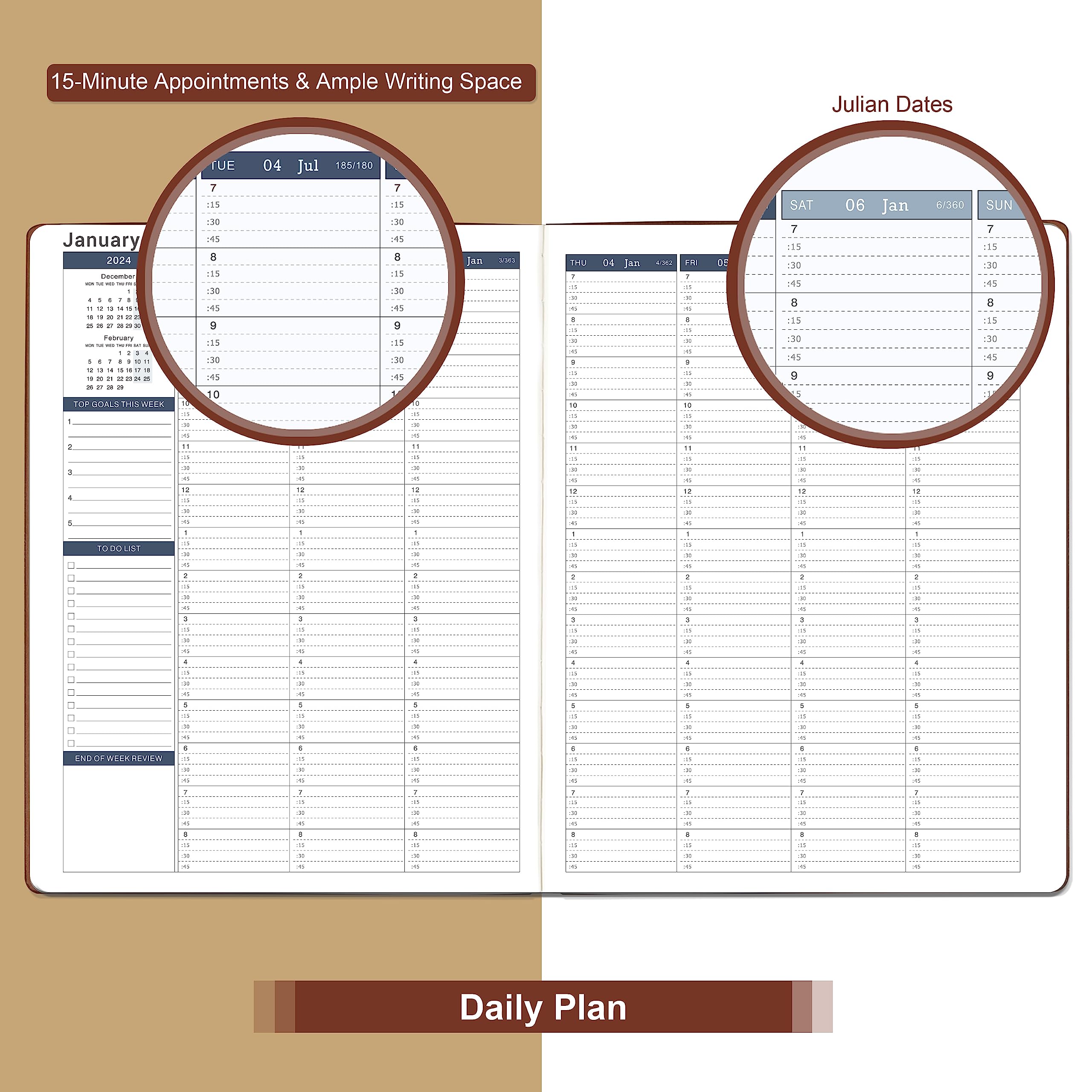 Weekly Appointment Book 2024 - Daily Hourly Planner 2024 with 15-Minute Interval, Jan 2024 - Dec 2024, 8.5" x 11", Achieve Your Goals & Improve Productivity - Brwon