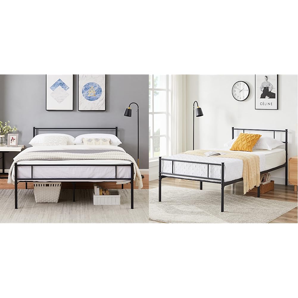 VECELO Queen Size Metal Platform Bed Frame with Headboard and Footboard & Strong Slats Support, No Box Spring Needed & Twin Platform Bed Frame with Headboard and Footboard, No Box Spring Needed