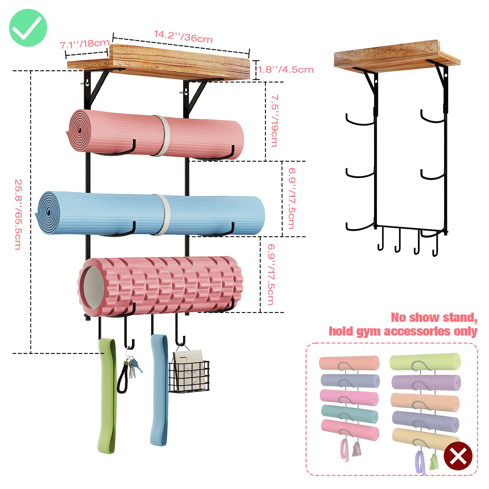 Yoga Mat Holder Wall Mount, Yoga Mat Storage with 4 Hooks, Home Gym Accessories with Wood Floating Shelf Decor Wall Hanger 4-Layer Organizer Rack for Foam Roller Resistant Bands Workout Equipments