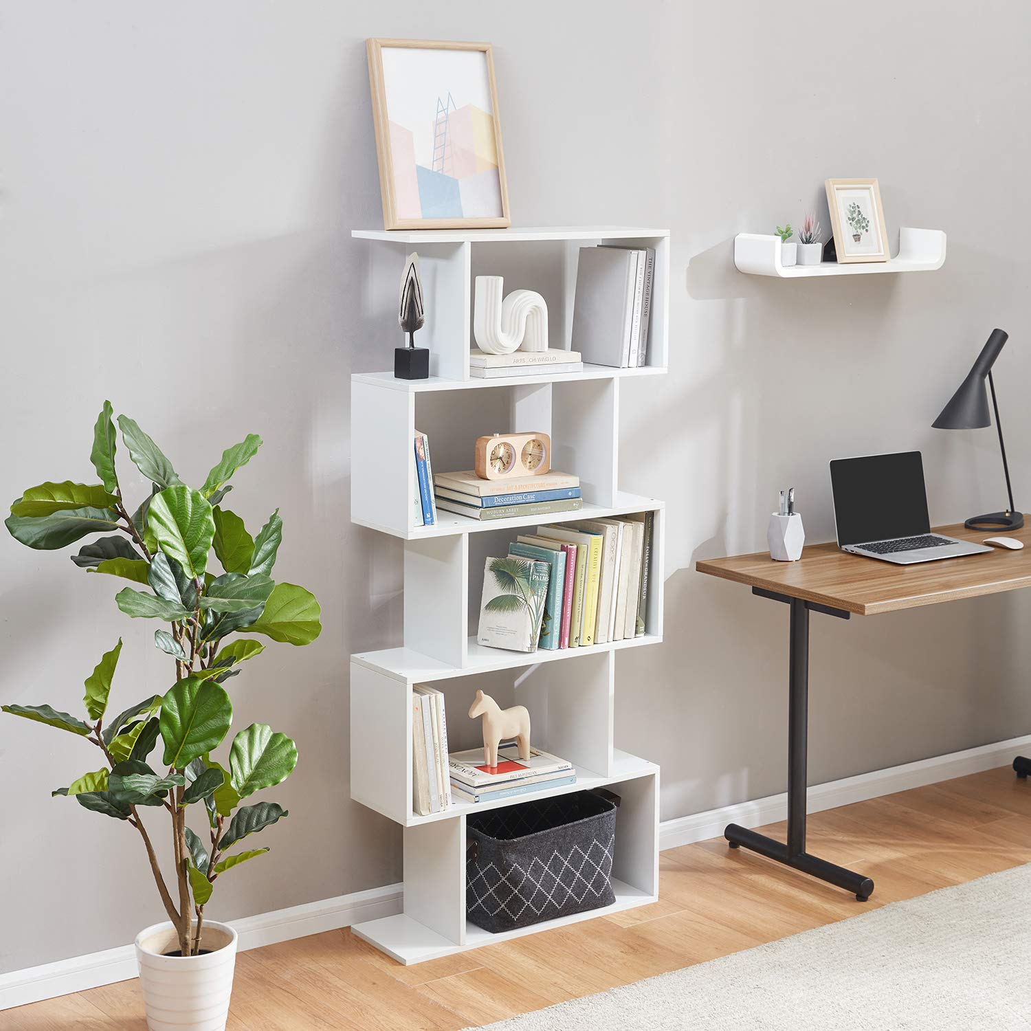 Sunon 5-Tier Bookshelf Free Standing Wood Bookcase, S-Shaped 5 Shelves Book Case for Home Office (White)