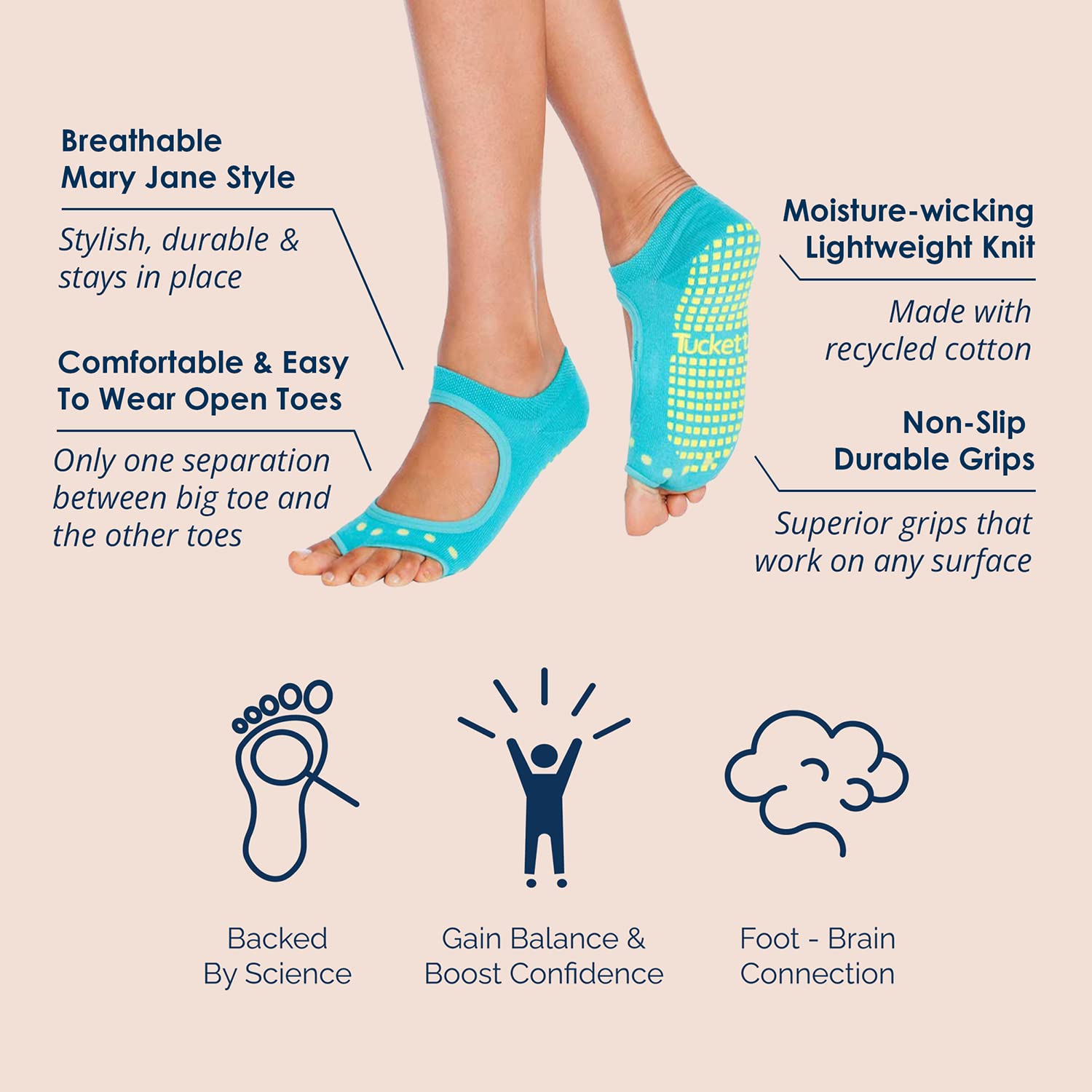 Tucketts Allegro Toeless Non-Slip Grip Socks - Anti Skid Yoga, Barre, Pilates, Home & Leisure, Pedicure - S/M - 1 pair Solid Grey Dot