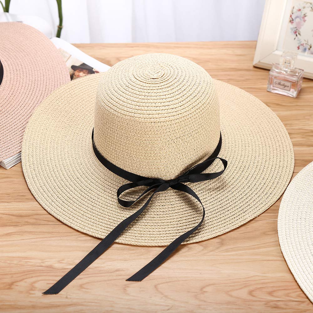 Sun Hats Floppy Foldable Bowknot Large Wide Brim Straw Women's Hats Summer Beach Beach Cap UV Protection (Black)