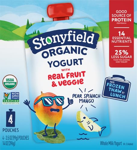 Stonyfield Organic Kids Whole Milk Yogurt Pouches 3.5 oz. Each Ct – Real Fruit Veggie, Pear Spinach Mango, (Pack of 4)
