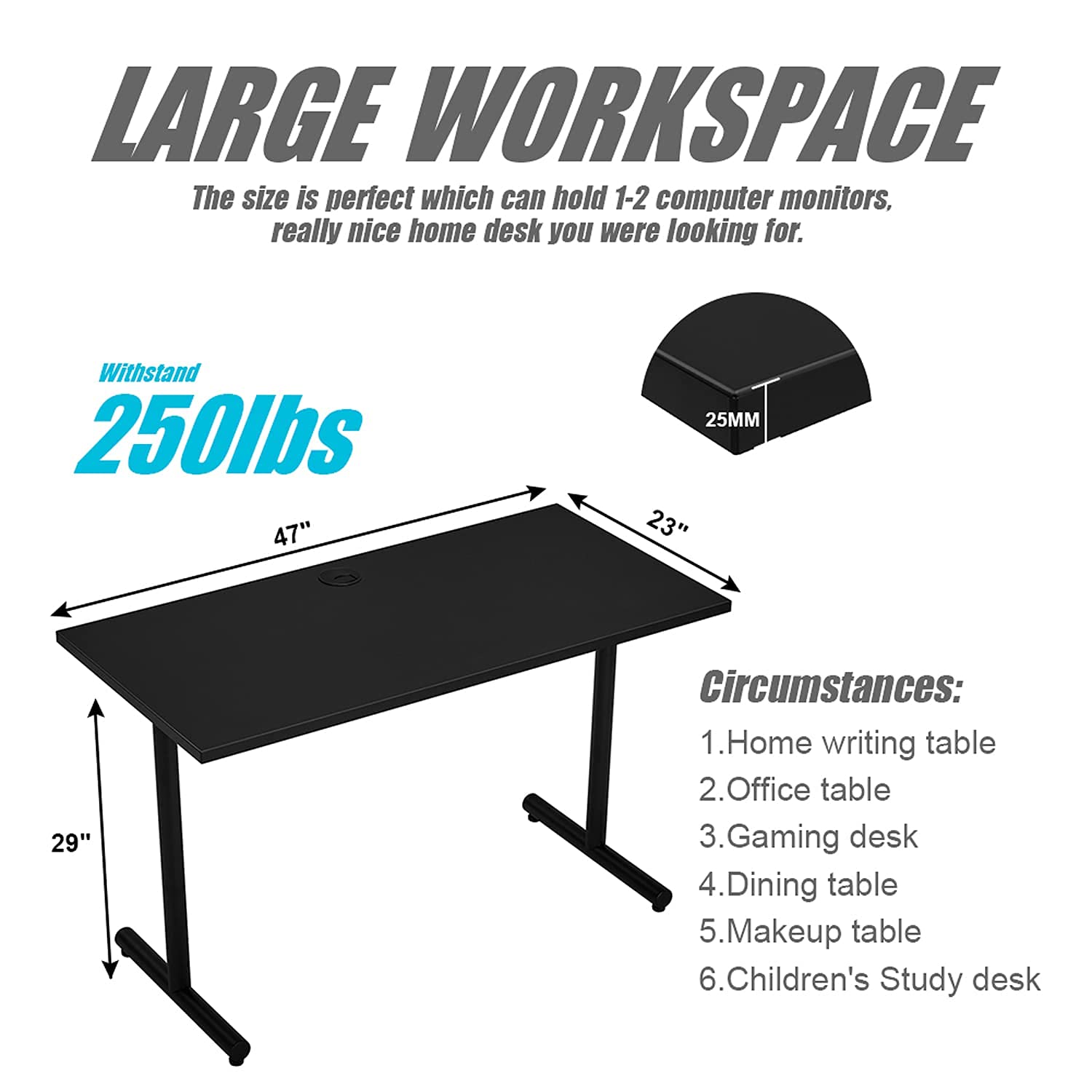 Sunon Gaming 48x24 inches Bedrooms, Computer Table Modern Writing Simple Desk 47 inch with Sturdy Desktop for Home Office, 1-Black