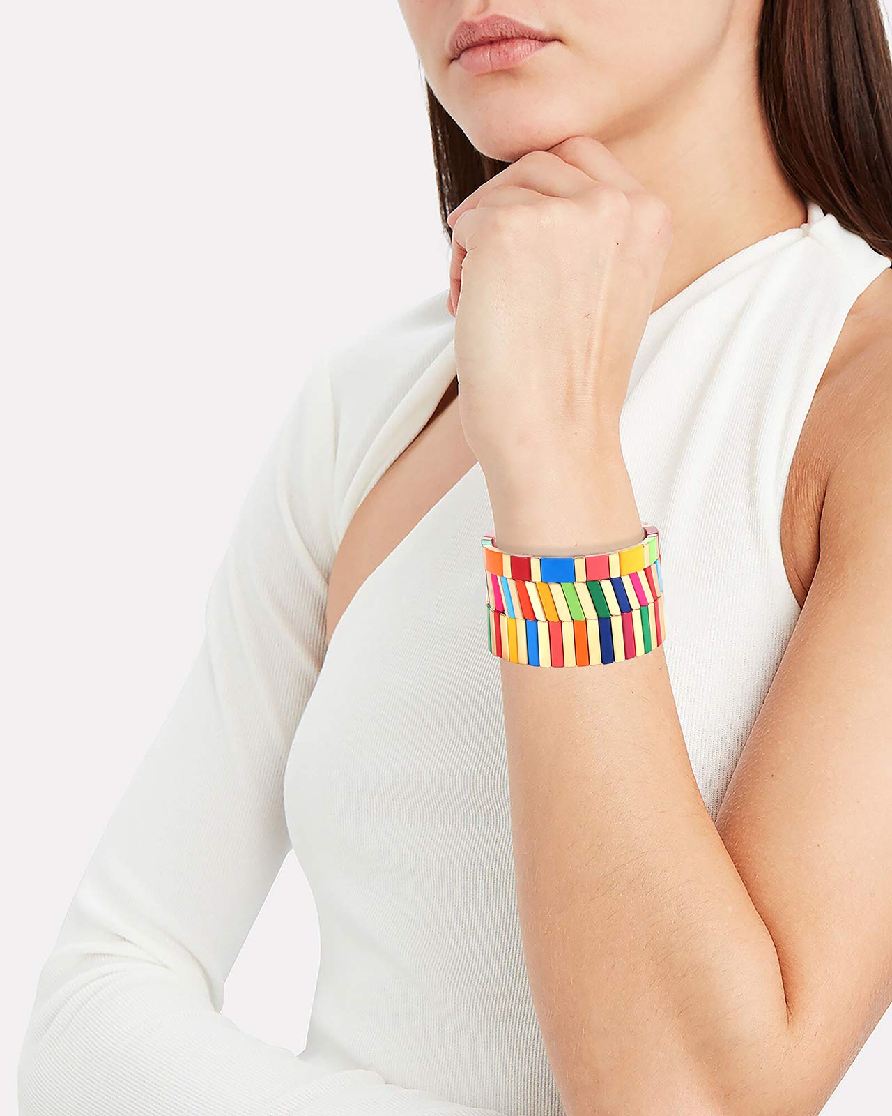 YAHPERN Enamel Tile Bracelet Set Multicolor Rainbow Tila Elastic Stretch Bracelets Bohemian Colorblocks Beaded Stackable Bangle Bracelet For Woman (Style: A)
