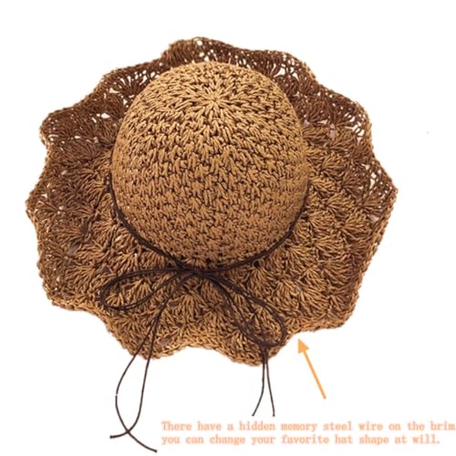 Sun Straw Hats for Women Foldable Floppy Beach Summer Hats Oversized Weave Wide Brim Bowknot Lace for Ladies Brown