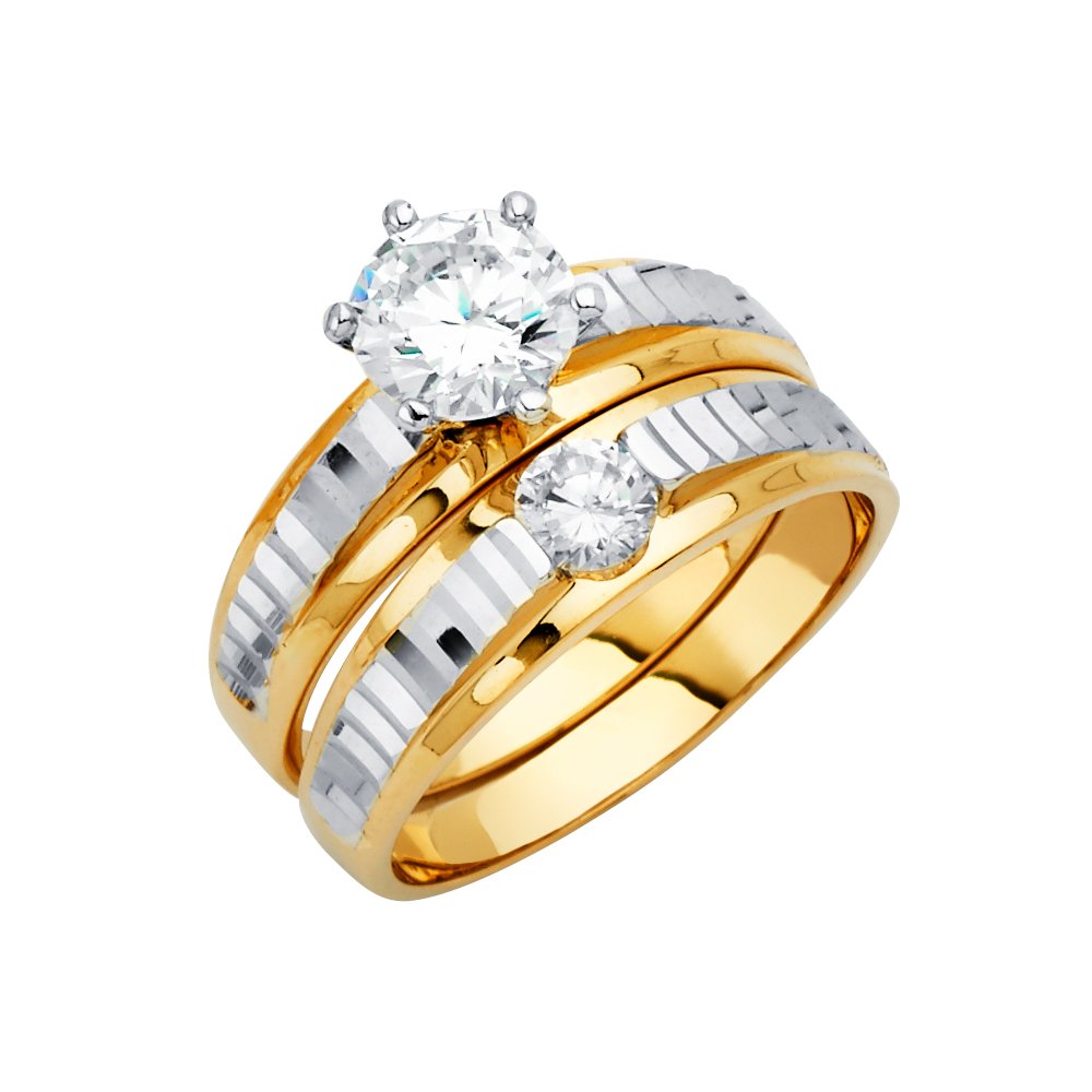 Wellingsale Ladies Solid 14k Two 2 Tone White and Yellow Gold Polished CZ Cubic Zirconia Engagement Ring + Wedding Band Bridal Set - Size 7.5
