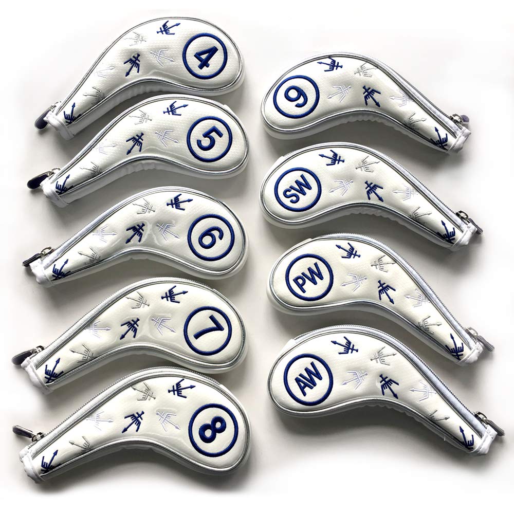 SUNBRO Golf 9pcs (4,5,6,7,8,9,A,P,S) Enamel Luxury Embroidery Greek Culture Poseido Trident Golf Iron Cover Headcovers Head Cover Set Suitable for Right & Left Handed Zipper Closure (WhiteBlue)