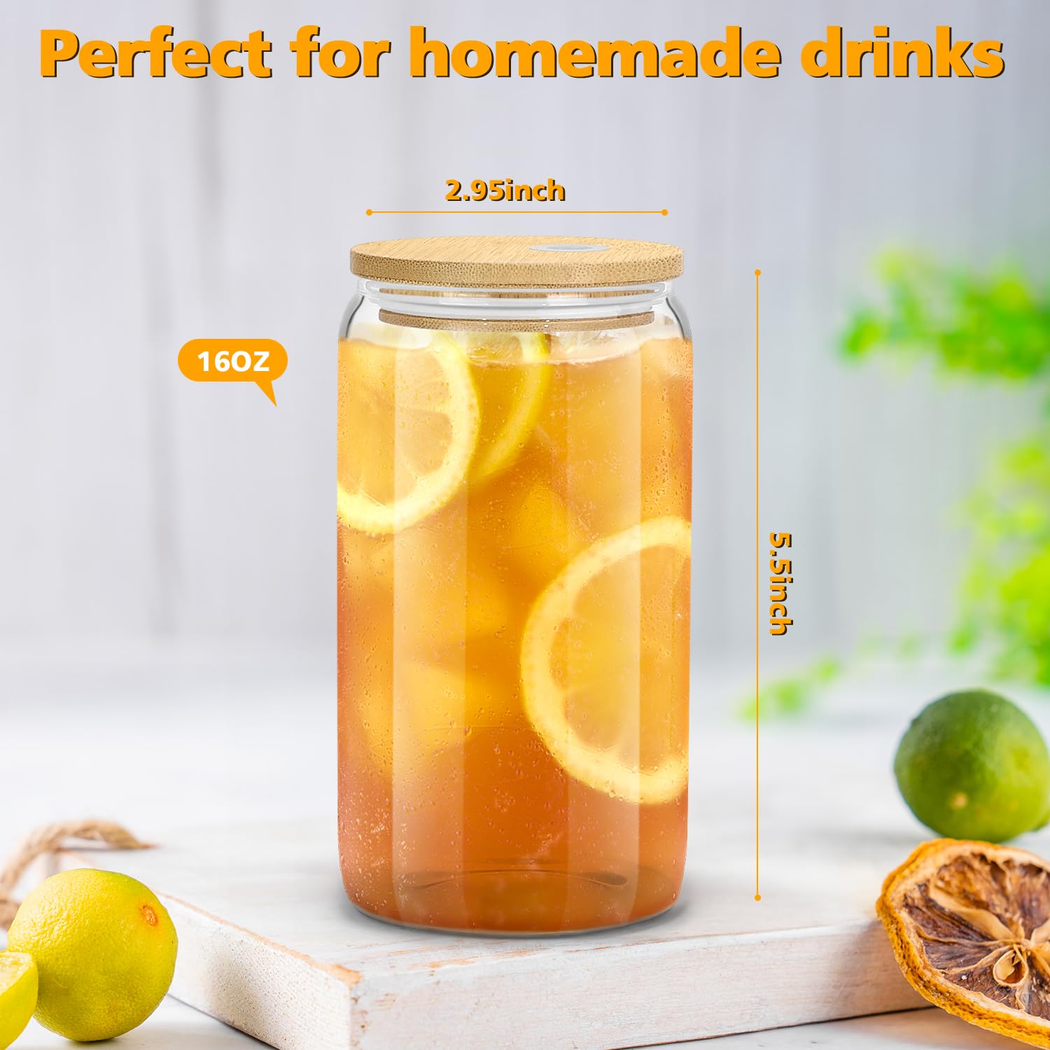 sungwoo Glass Cups with Bamboo Lids and Straws, 16OZ Ice Coffee Cup, Drinking Cup set with Wooden Lids, Home Essential Glass Tumblers for Beer, Cocktail, Tea and Latte Clear 4 Pack