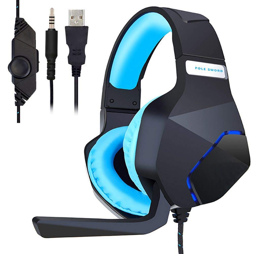YSSHUI PC Gaming Headset for PS4 Xbox One, Onikuma 3.5mm Stereo USB LED Headphones with Omnidirectional Microphone, Volume Control for Computer Laptop Mac Playstation 4 Black + Blue