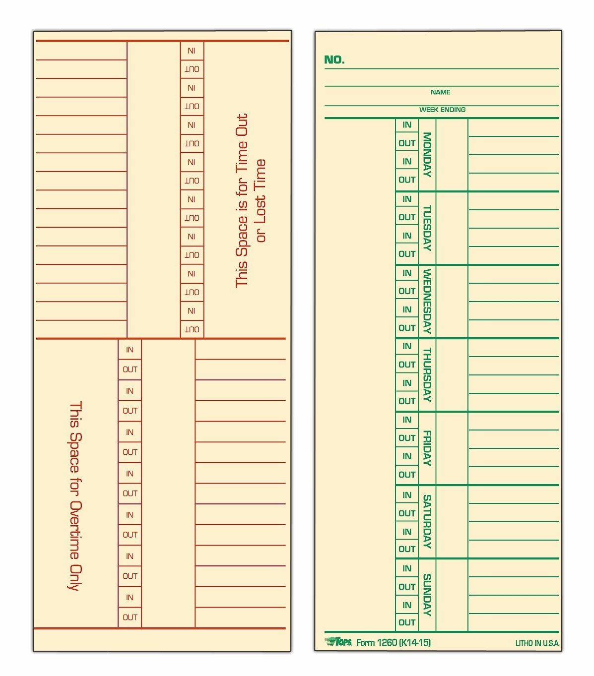 TOPS Time Cards, Weekly, 2-Sided, Named Days, 3-3/8" x 8-1/4", Manila, Green/Red Print, 500-Count (1260)
