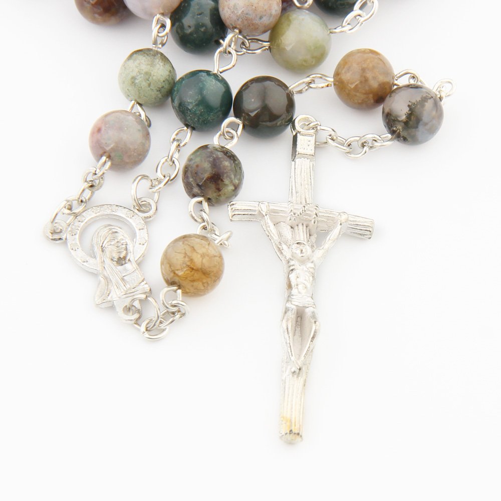 Ytbeauti Religious Catholic India Agate Prayer Beads Bless Rosary Necklace Silver Cross 8MM Double Length 16.5inch