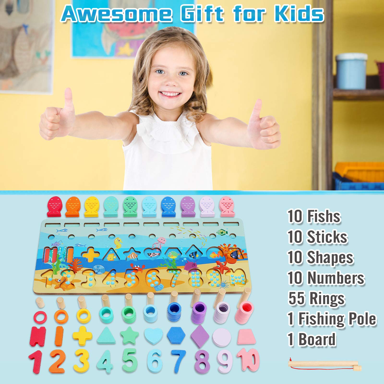 Sitodier Wooden Number Puzzle Sorting Montessori Toy for Toddlers | Shape Puzzle Matching Counting Fishing Game for Ages 2 3 4 5 Years Kids Math Stacking Preschool Educational Learning Activities Toy
