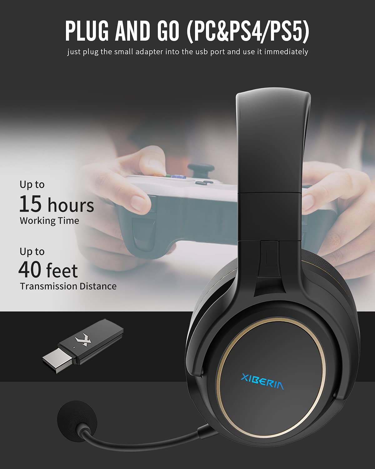 XIBERIA G01 Wireless Gaming Headset with Microphone 5.8GHz Anti-Interference for PC/PS5/PS4/MAC/Laptop,Lossless Ultra-Low Latency,Noise Cancelling MIC,Long Battery Life