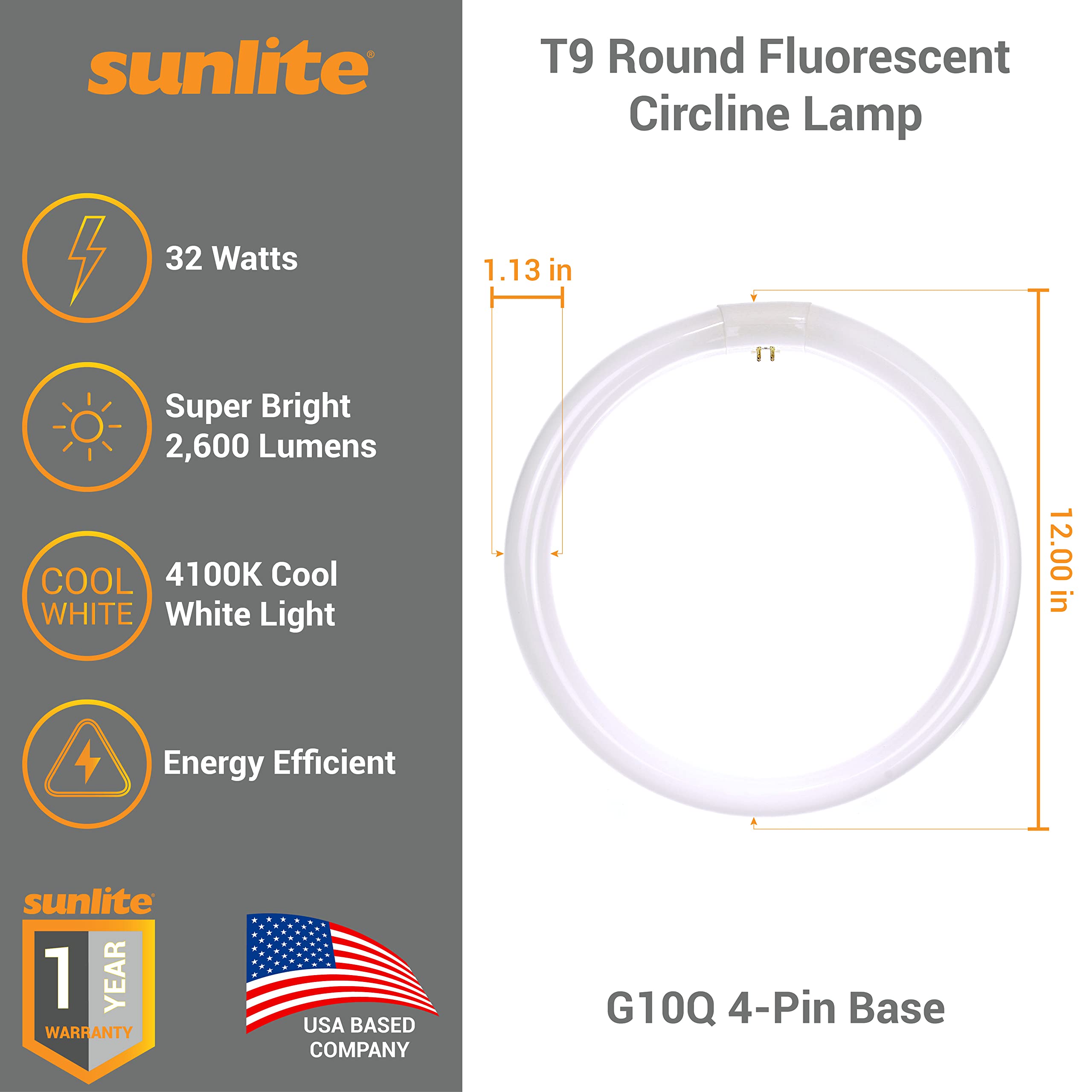 Sunlite 41315 FC12T9/CW T9 Round Fluorescent Circline Lamp, 32 Watts, 2100 Lumens, 4100K Cool White, RoHS Compliant, G10Q 4-Pin Base, 1 Pack