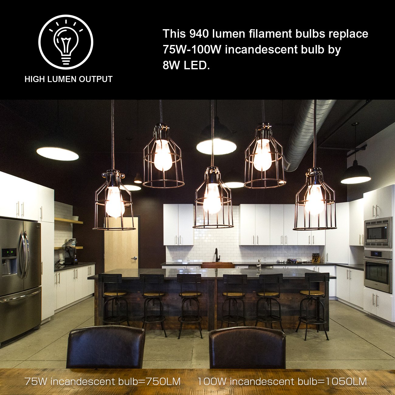 Vintage LED Edison Bulb, 8W Dimmable Filament Light Bulb, ST64 940 Lumen Daylight 5000K, 75W-100W Incandescent Equivalent,E26 Medium Base Squirrel Cage Antique Lamp, Pack of 4