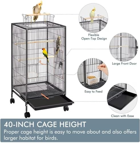 TENAS Iron Bird Cage - Sturdy Metal Open-top Design - Antioxidant Finish - Durability and Security - Four 360-degree Wheels - Two with Locks - Adds Ease of Movement