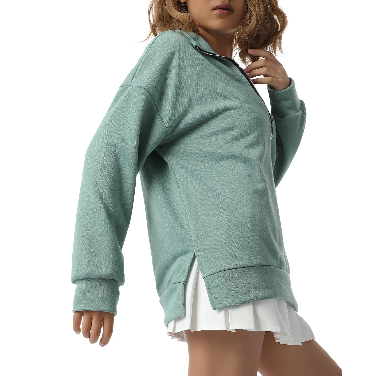 Women's Half Zip Sweatshirts Causal Long Sleeve Collar Pullover Lightweight Solid Side Split Activewear Running Jacket (Green, Small)