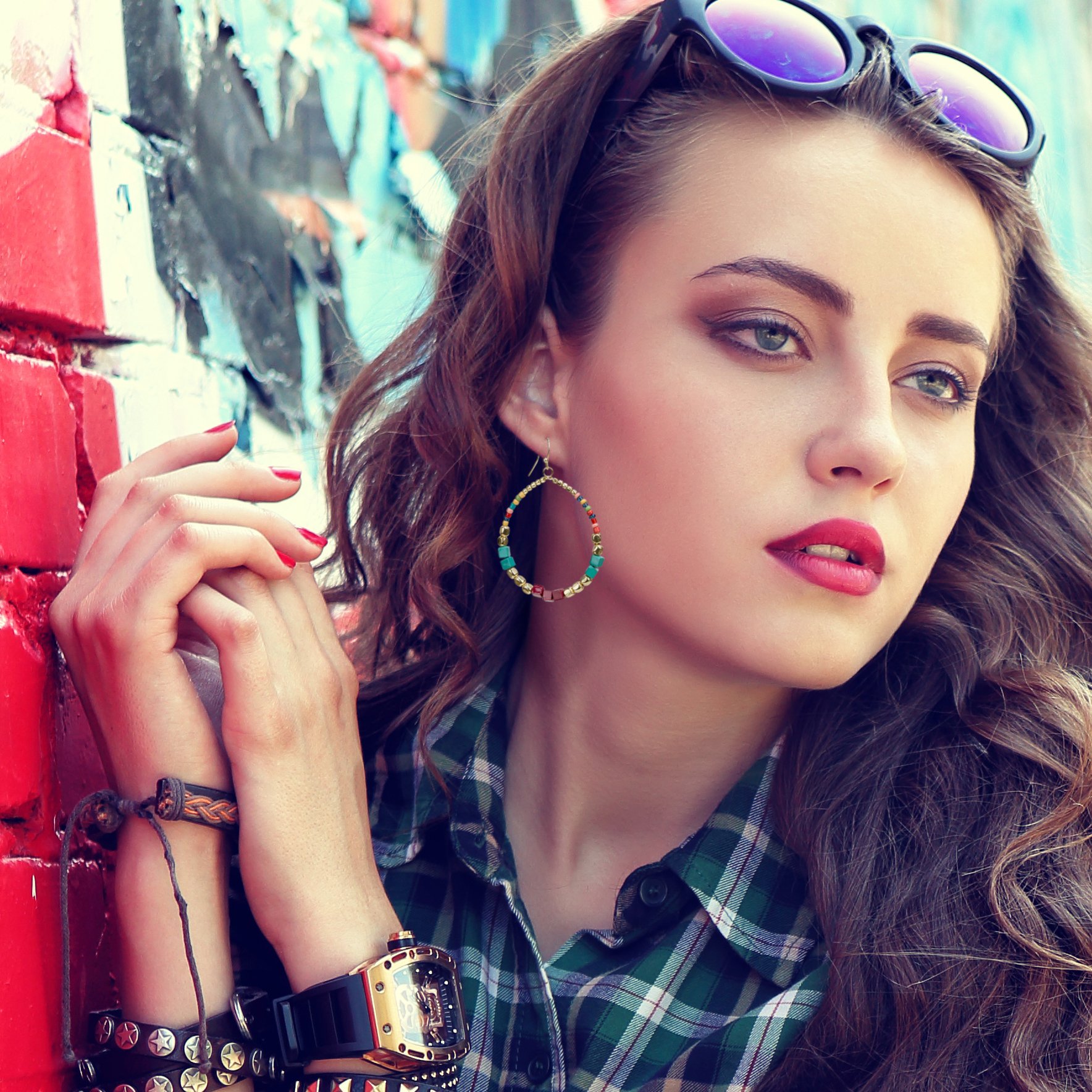 SPUNKYsoul Bohemian Multi-Colored Cube Beaded Hoop Earrings for Women (Teal/Red/Cube)