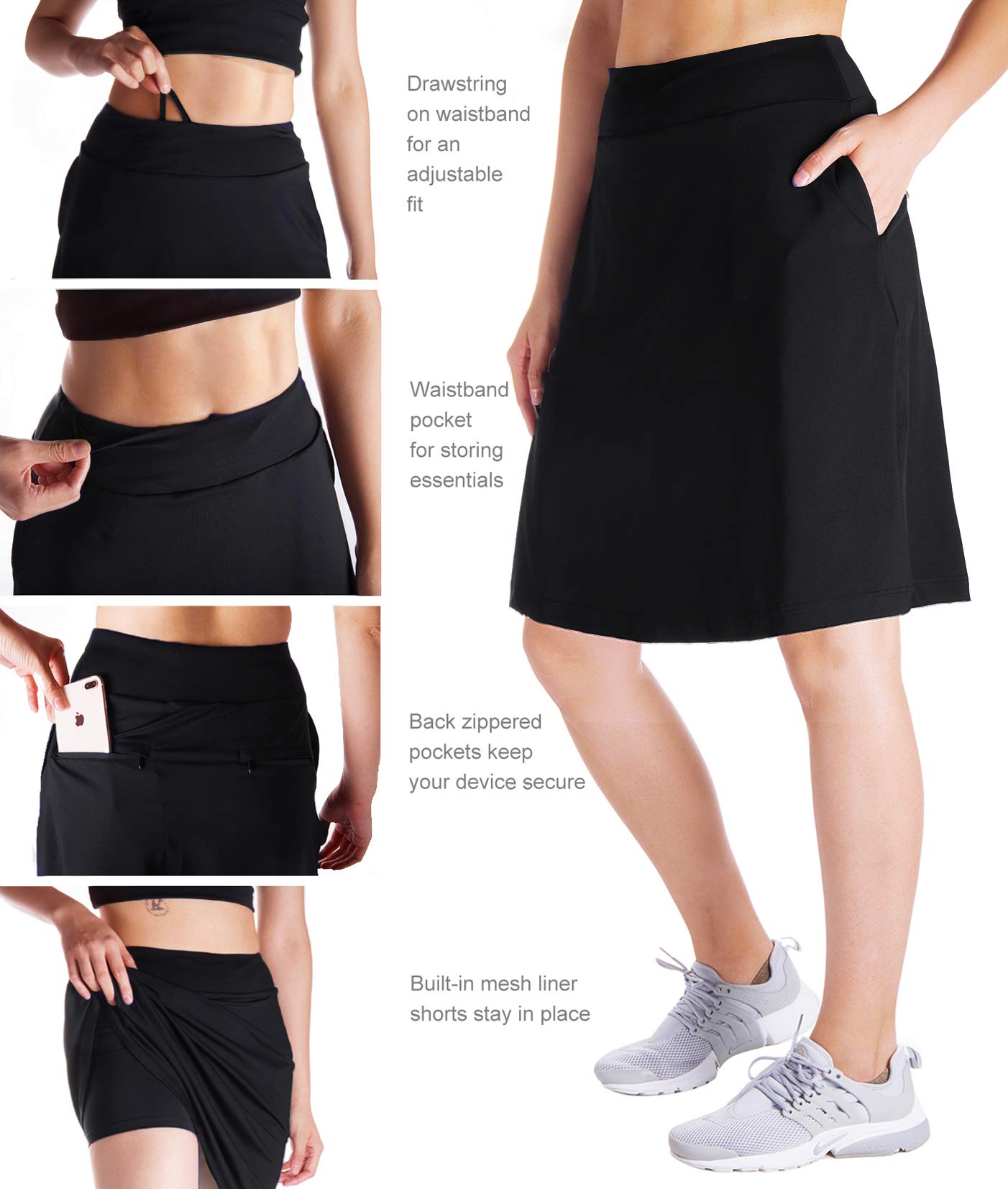 Yogipace Women's 4 Pockets UV Protection 20" Modest Knee Length Skirt Athletic Running Golf Tennis Skort Zippered Pockets, Black, Size L