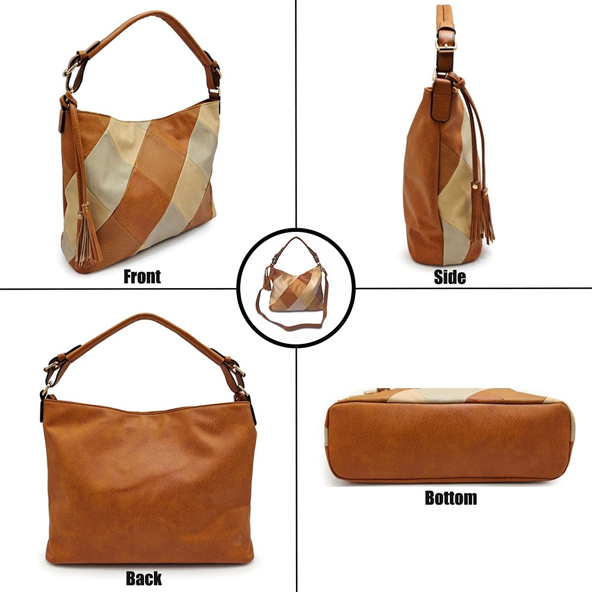 XingChen Hobo Bags for Women Patchwork Color Faux Leather Purses and Handbags Hobo Purse with Tassel(Blue)