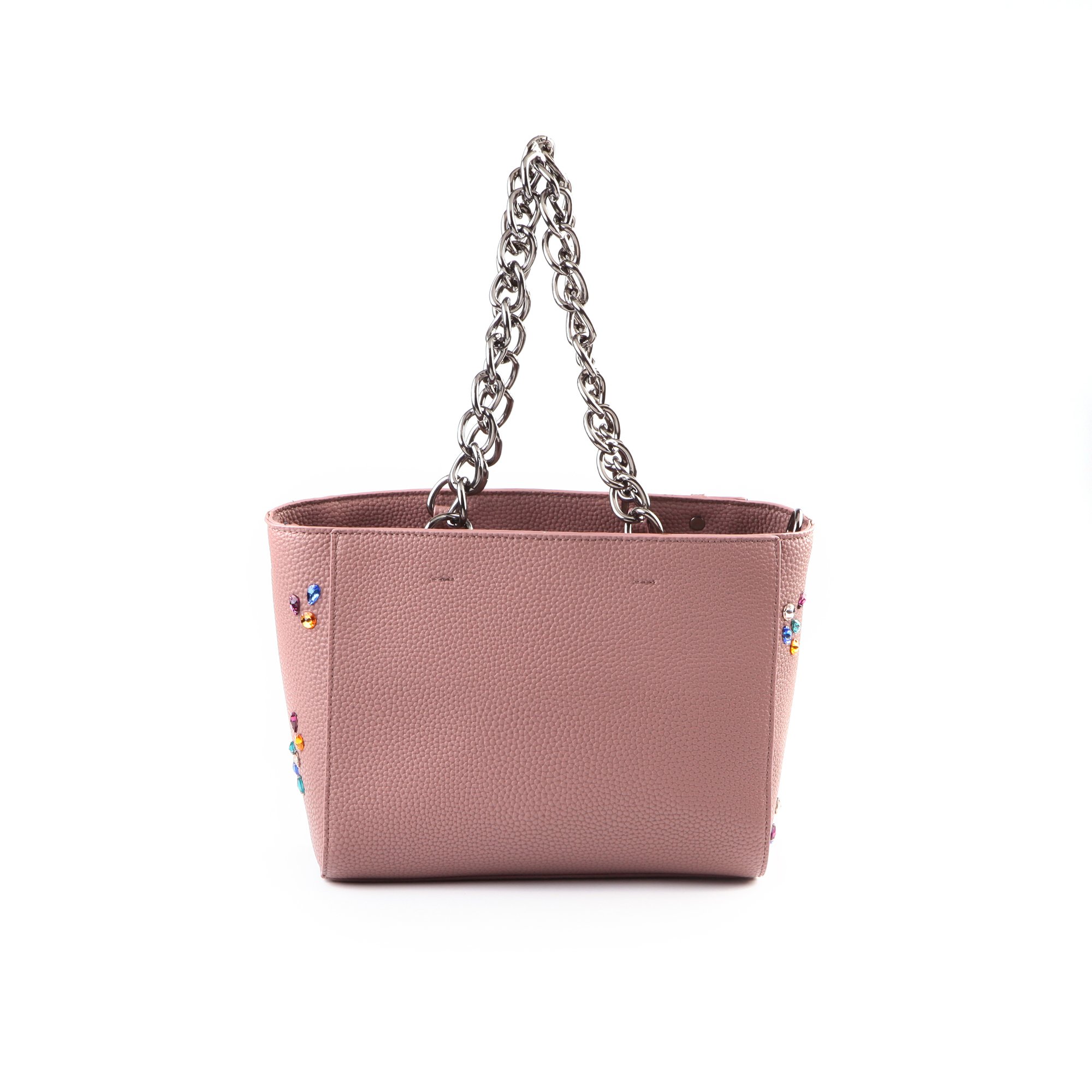 Suzy Levian Pebbled Faux Leather Rhinestone Satchel Handbag